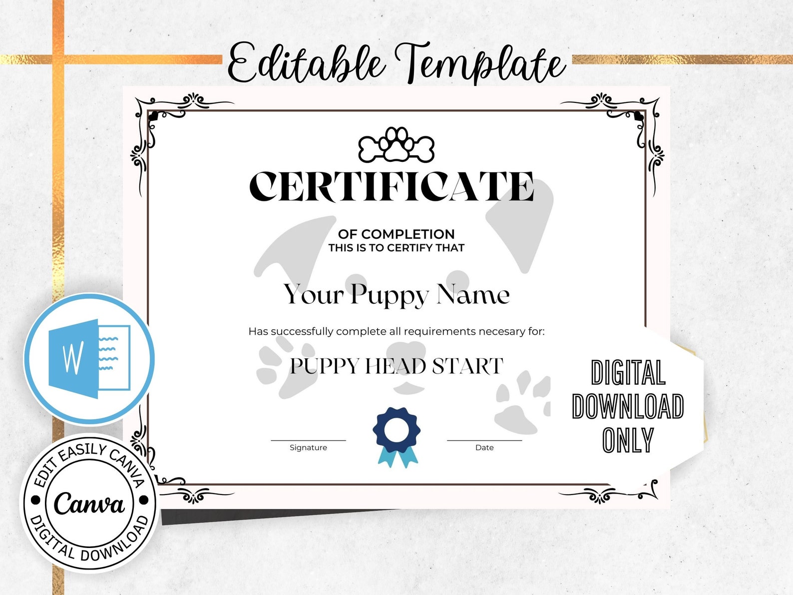 Editable Certificate of Completion Template. Award Template. - Etsy