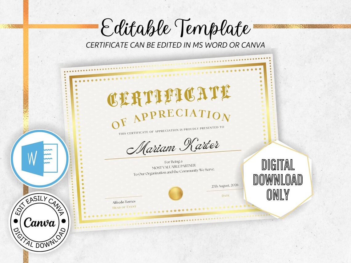 Editable Certificate of Appreciation Template. Award Template. - Etsy