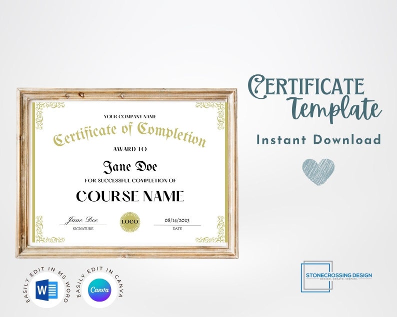 Editable Certificate of Completion Template. Award Template. Printable ...