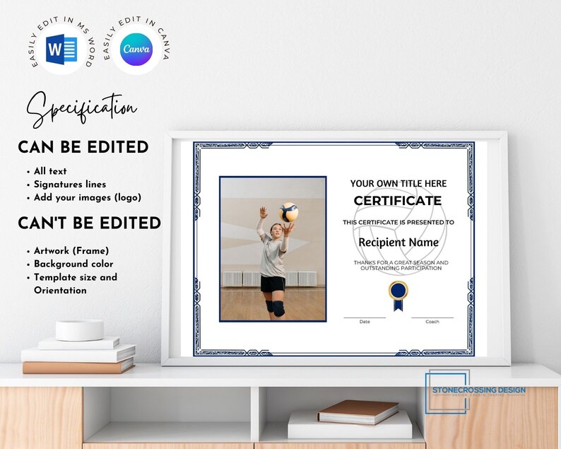 Editable Volleyball Sports Certificate Template With Photo. - Etsy