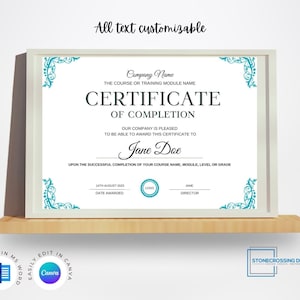 Editable Certificate of Completion Template. Award Template. Printable ...