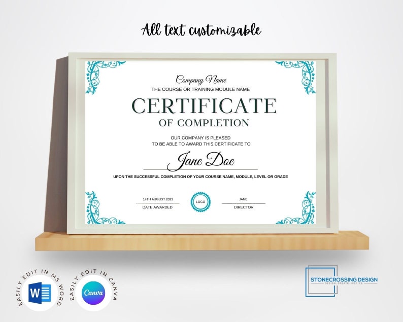 Editable Certificate of Completion Template. Award Template. Printable ...