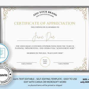 Editable Certificate of Appreciation. Award Template. - Etsy