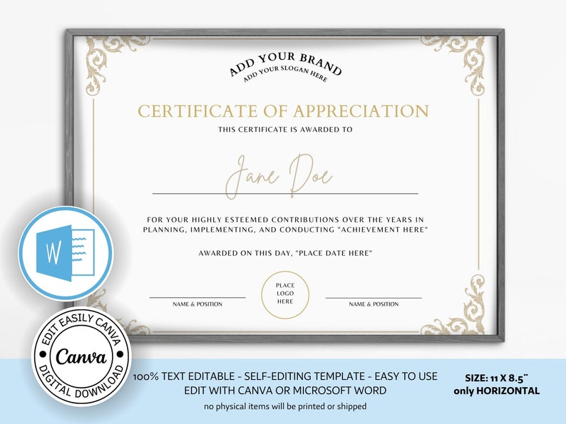 Editable Certificate of Appreciation. Award Template. - Etsy