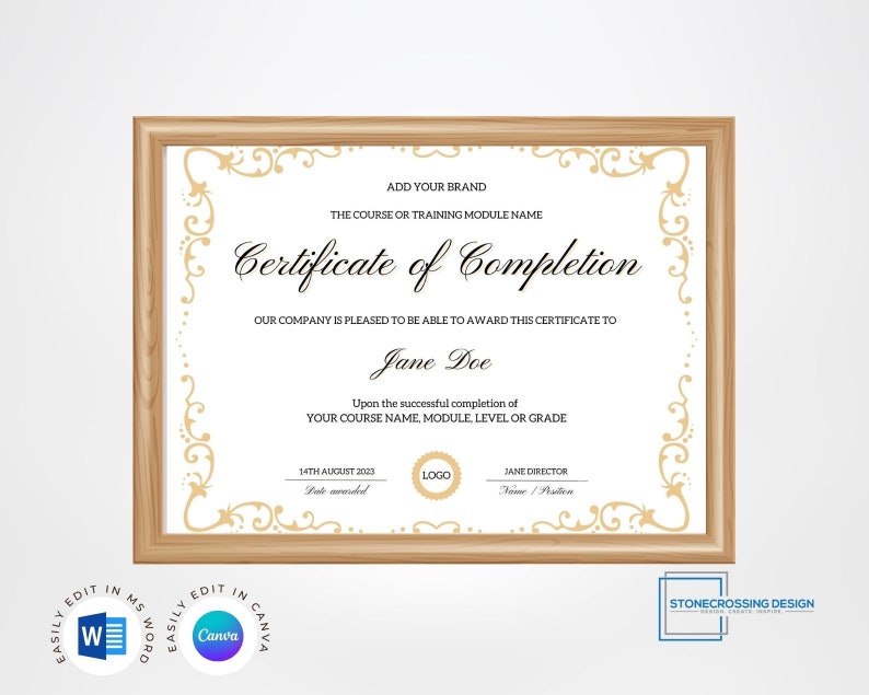 Editable Certificate of Completion Template. Award Template. Printable ...