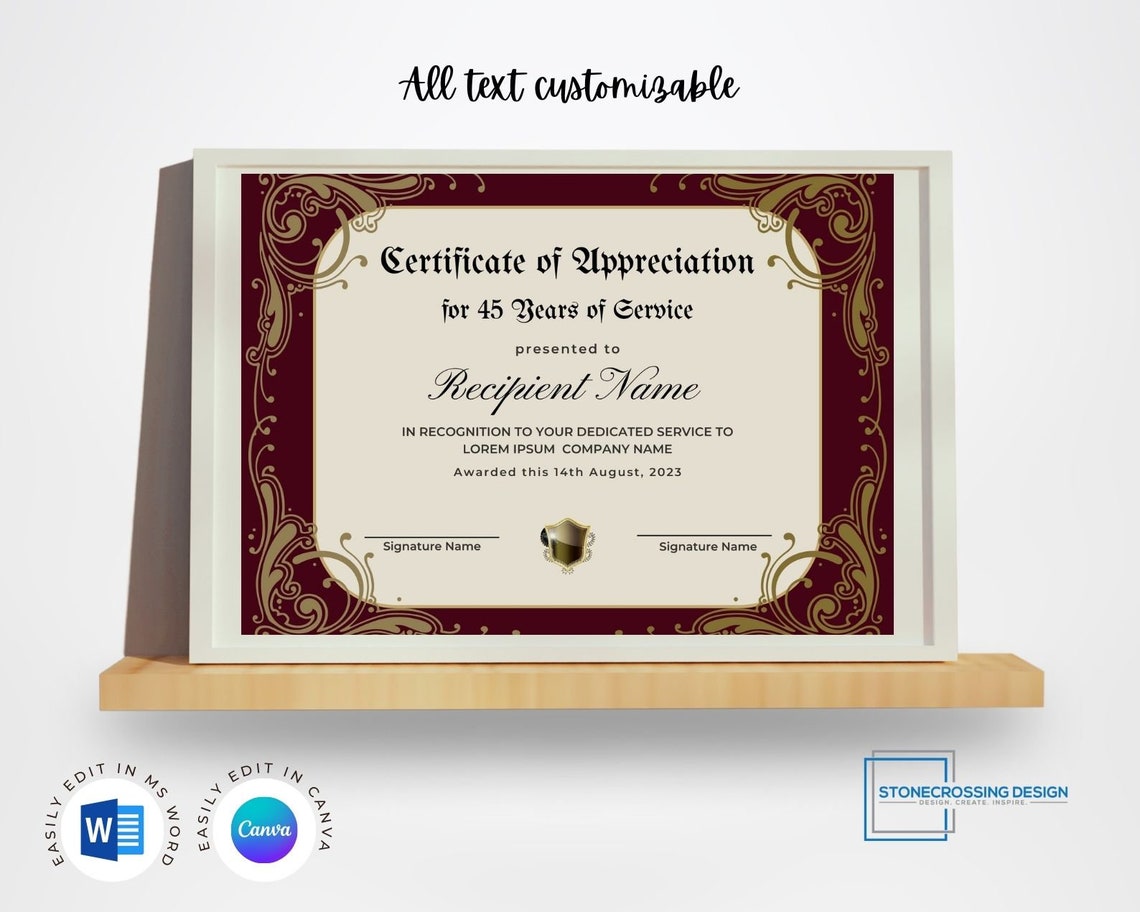 Editable Certificate of Appreciation Template. Award Template. - Etsy