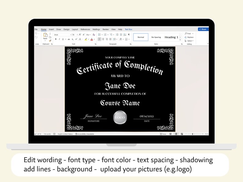 Editable Certificate of Completion Template. Award Template. - Etsy