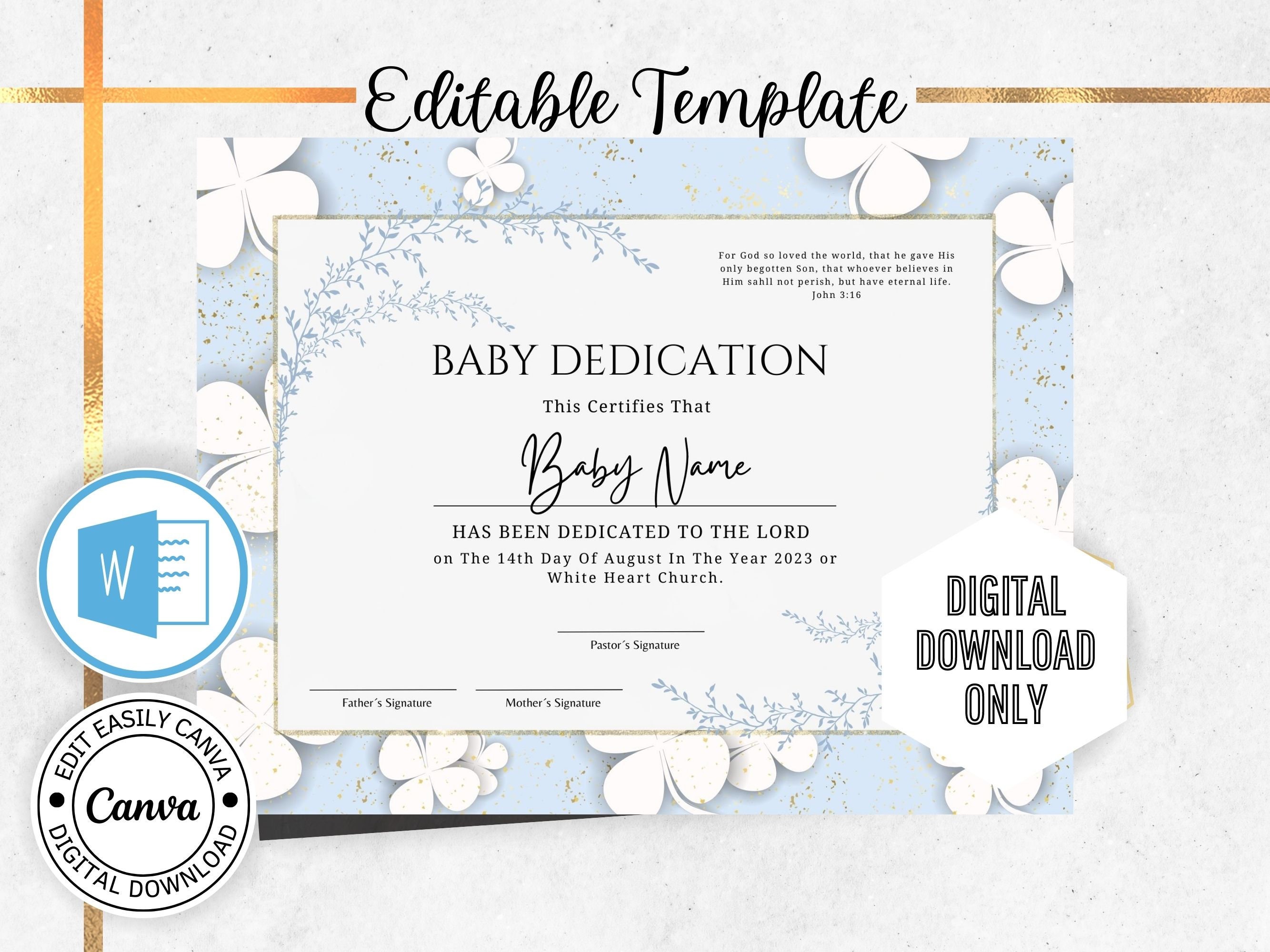 Editable Certificate of Baby Dedication Template. Child - Etsy UK
