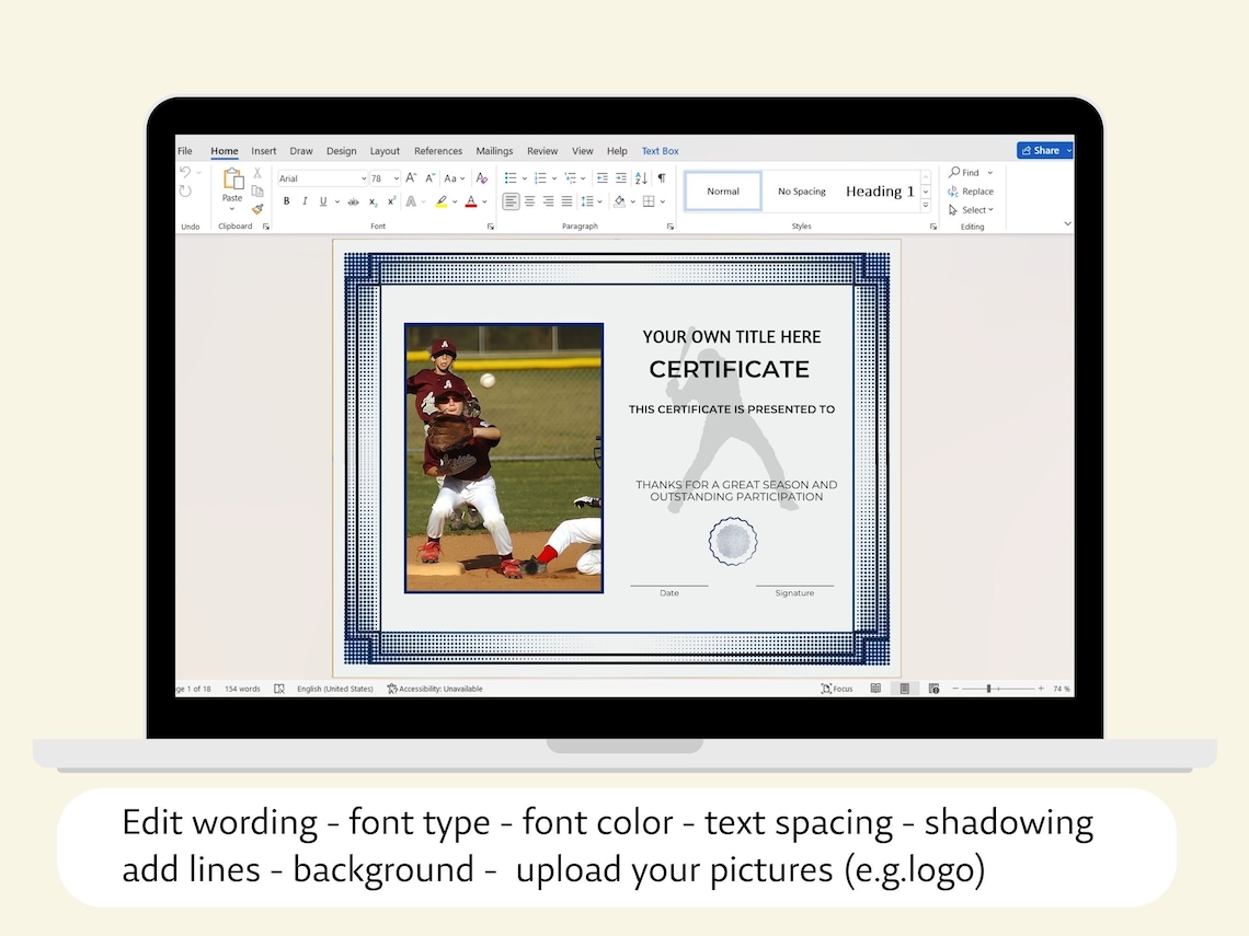 Editable Baseball Sports Certificate Template With Photo. - Etsy