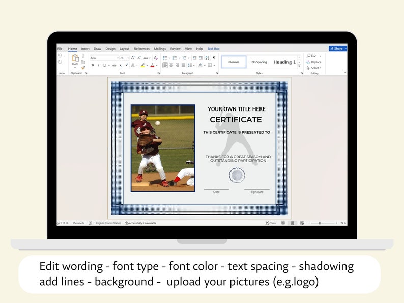 Editable Baseball Sports Certificate Template With Photo. - Etsy