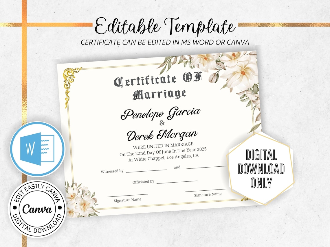 Editable Certificate of Marriage Template. Marriage License. - Etsy