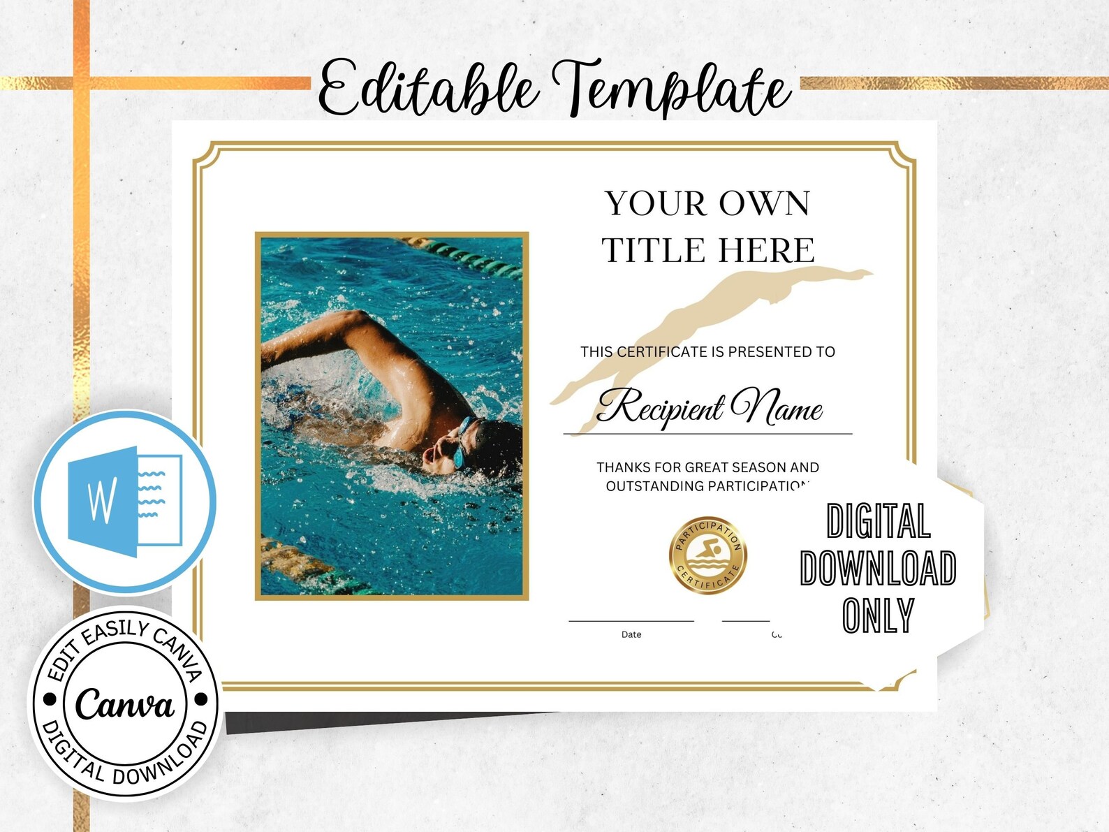 Editable Swimming Sports Certificate. Recognizing Sporting - Etsy