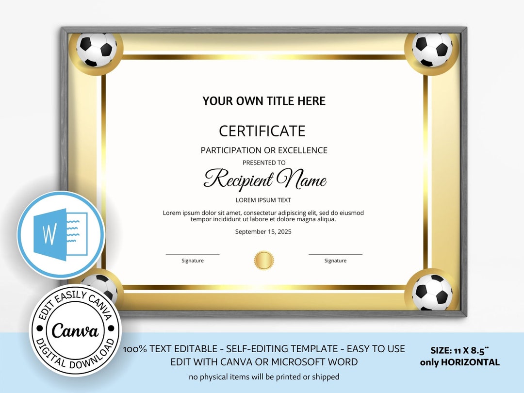 Editable Soccer Sports Certificate Template With Photo. Award. - Etsy