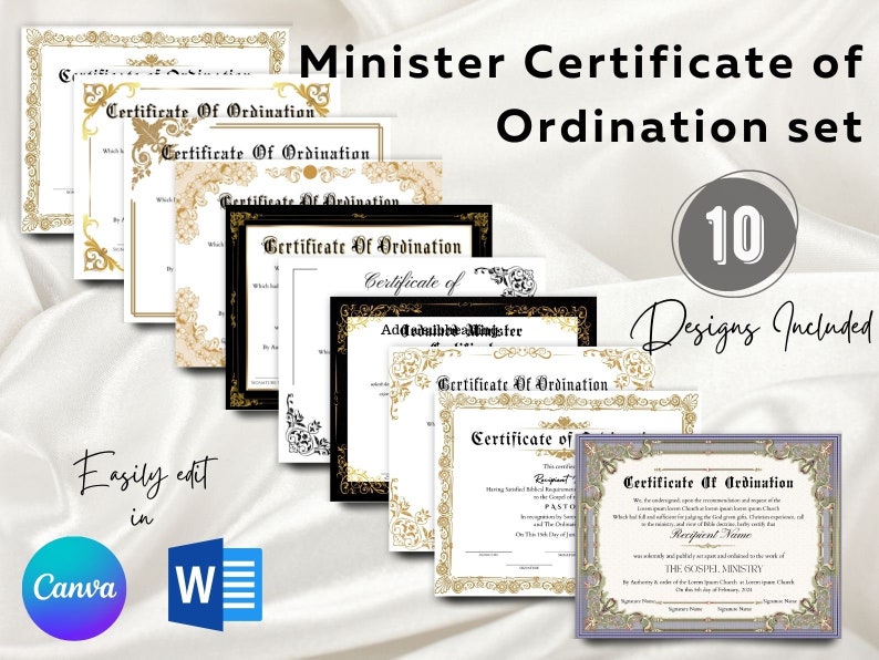 Complete Set of 10 Certificate of Ordination Minister Template Bundle, DIY Ordained Minister ...