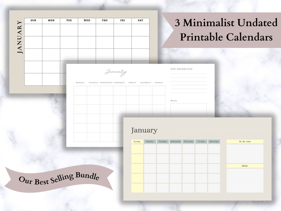 2023 Calendar Template Bundle: 3 Printable Minimalist Landscape Simple ...