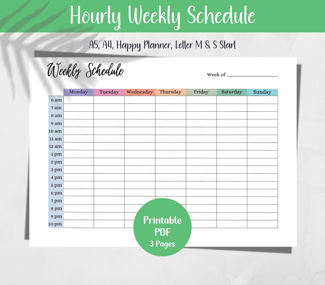 Printable Hourly Weekly Schedule Landscape, One Page Weekly Plan ...
