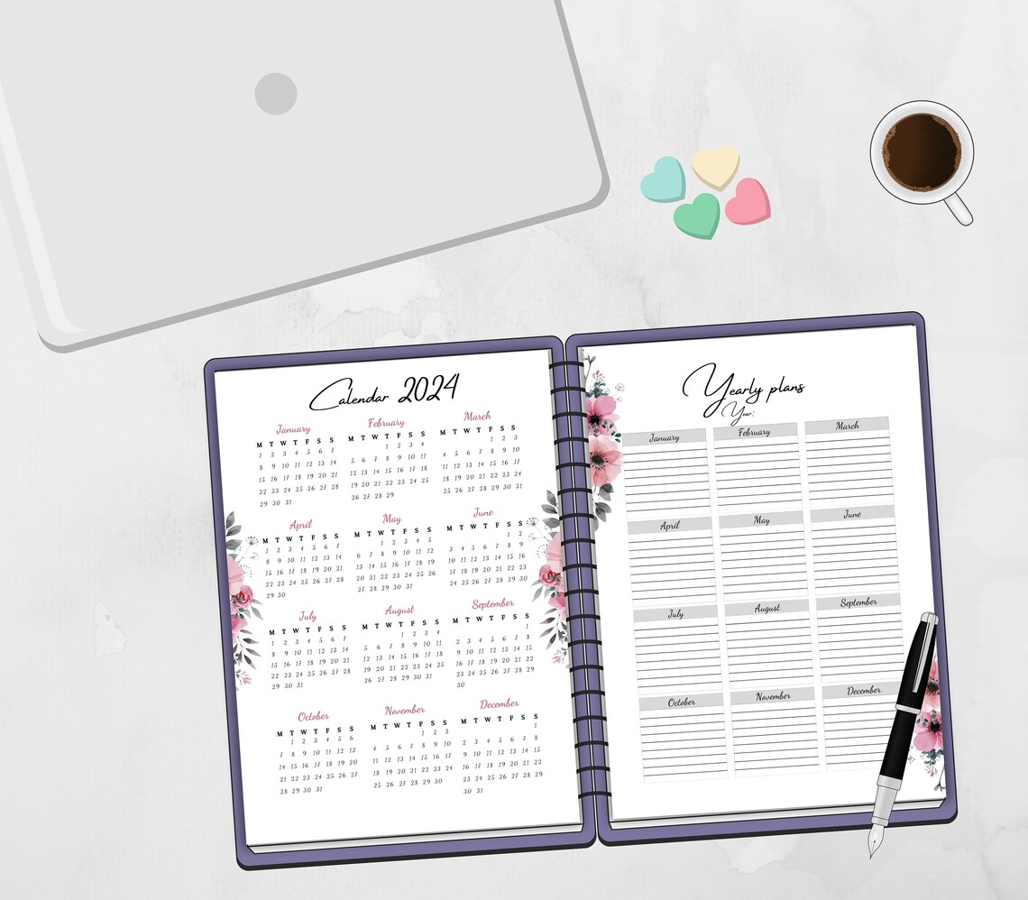 Printable Yearly Planner, Quarterly Tasks & Goals, 2024 Year at a ...