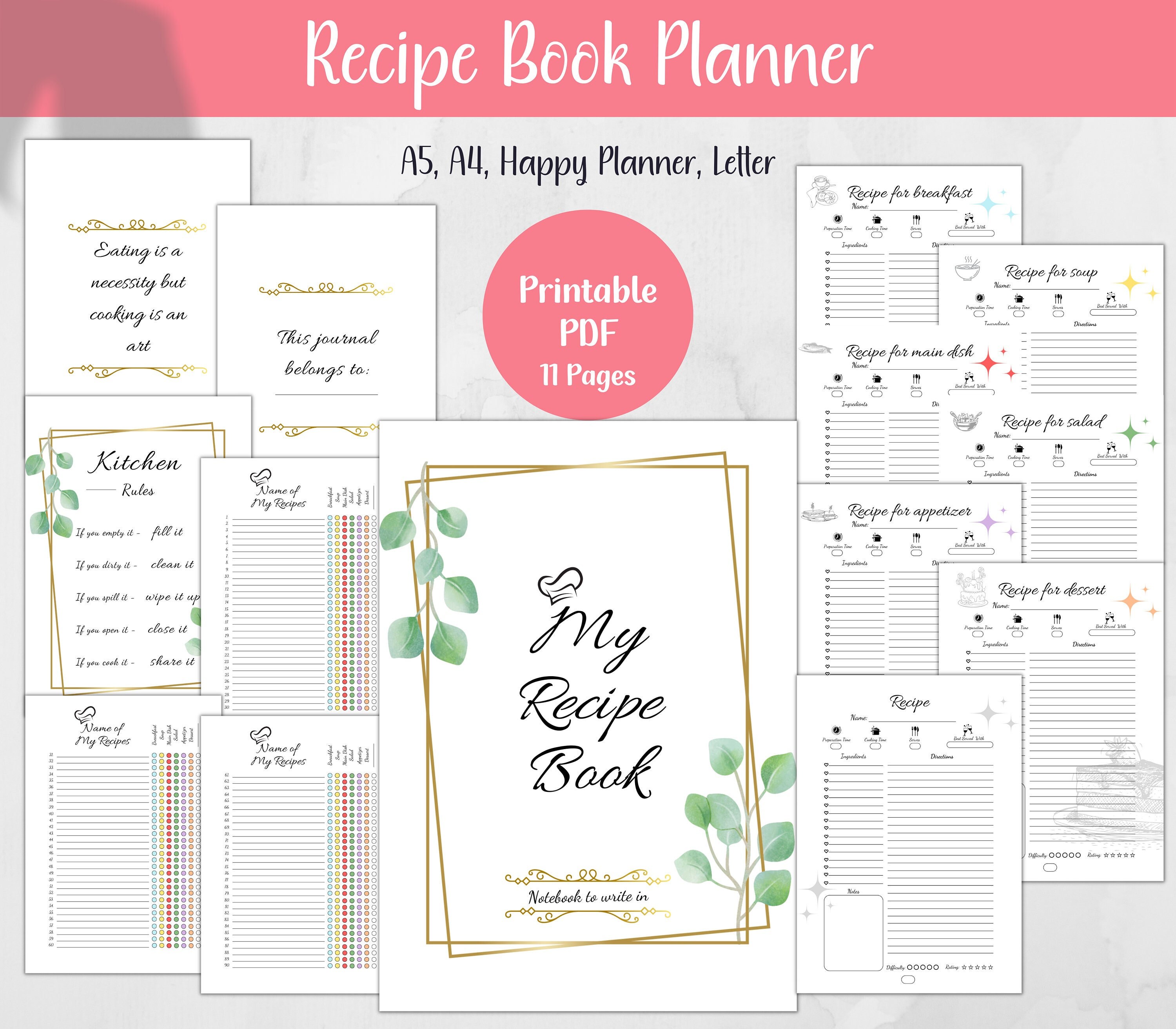Recipe Book Printable Planner, Recipe Binder, Cookbook Diary, Recipe ...