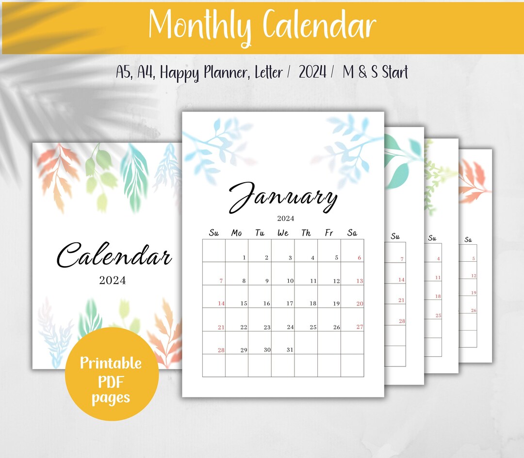 2024 Printable Calendar, Watercolor Desk Calendar, Events Calendar ...