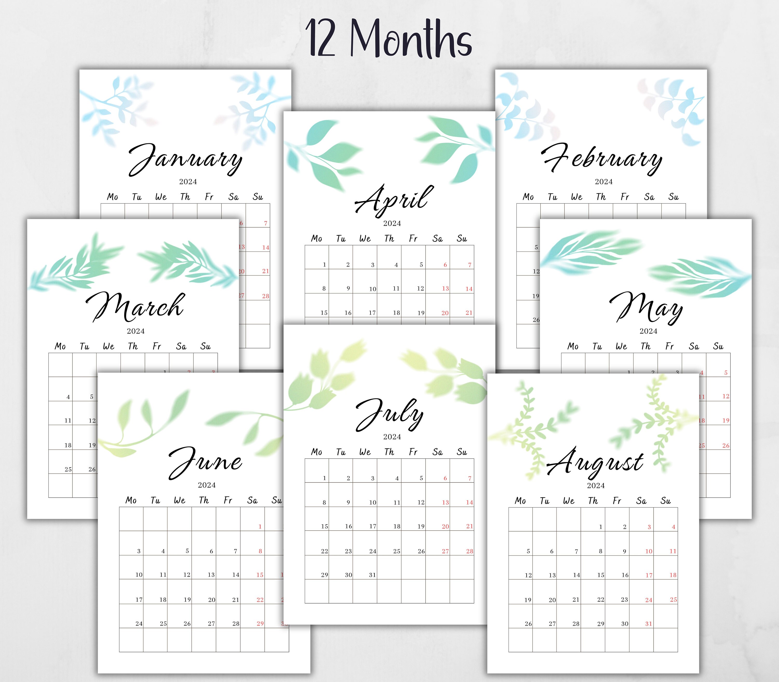 2024 Printable Calendar, Watercolor Desk Calendar, Events Calendar ...
