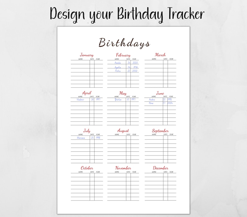 Birthday Tracker Printable Planner, Birthday Organizer, Birthday ...