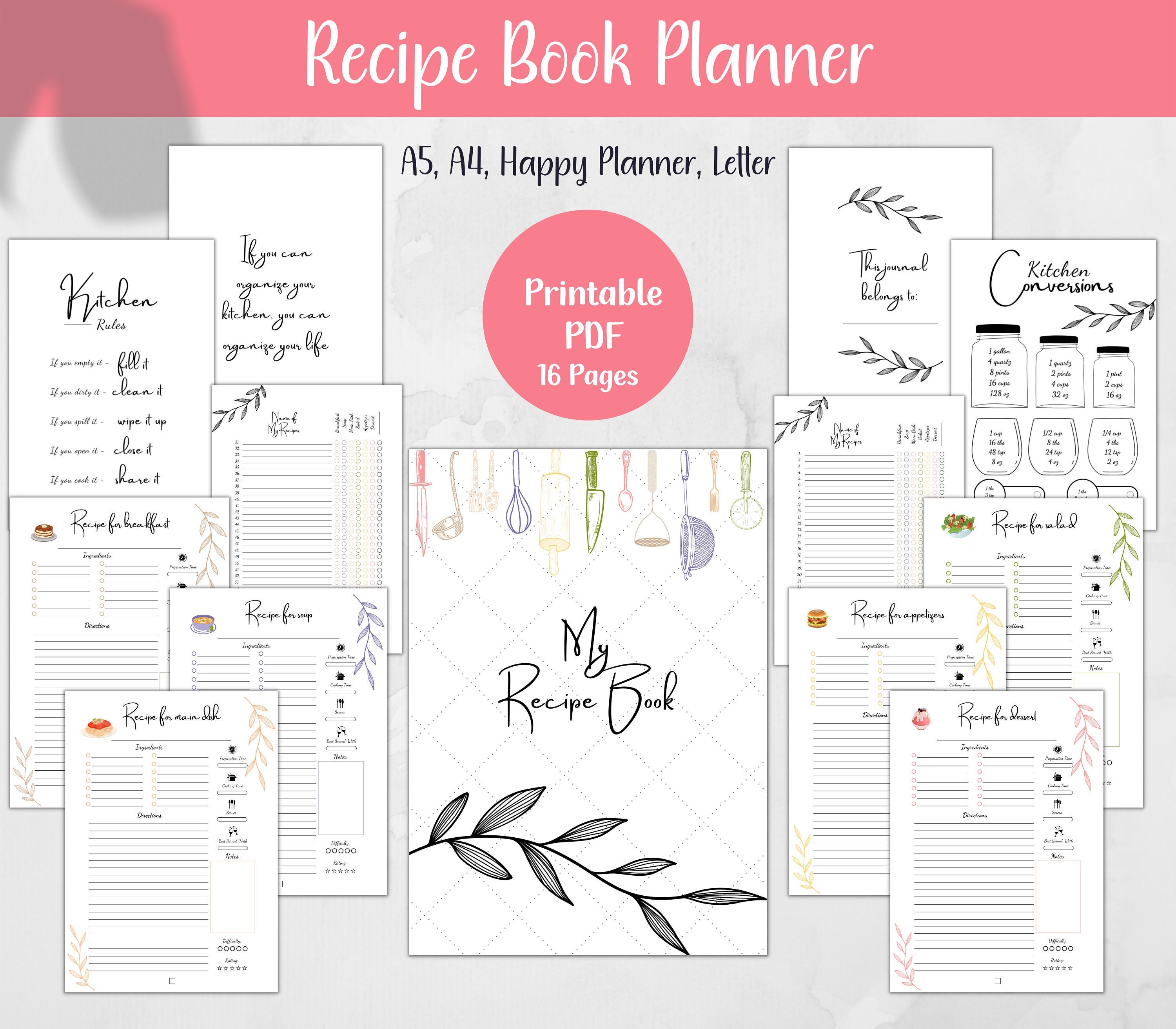 Printable Recipe Book Planner Pages: A4 A5 Happy Planner Letter (PDF ...