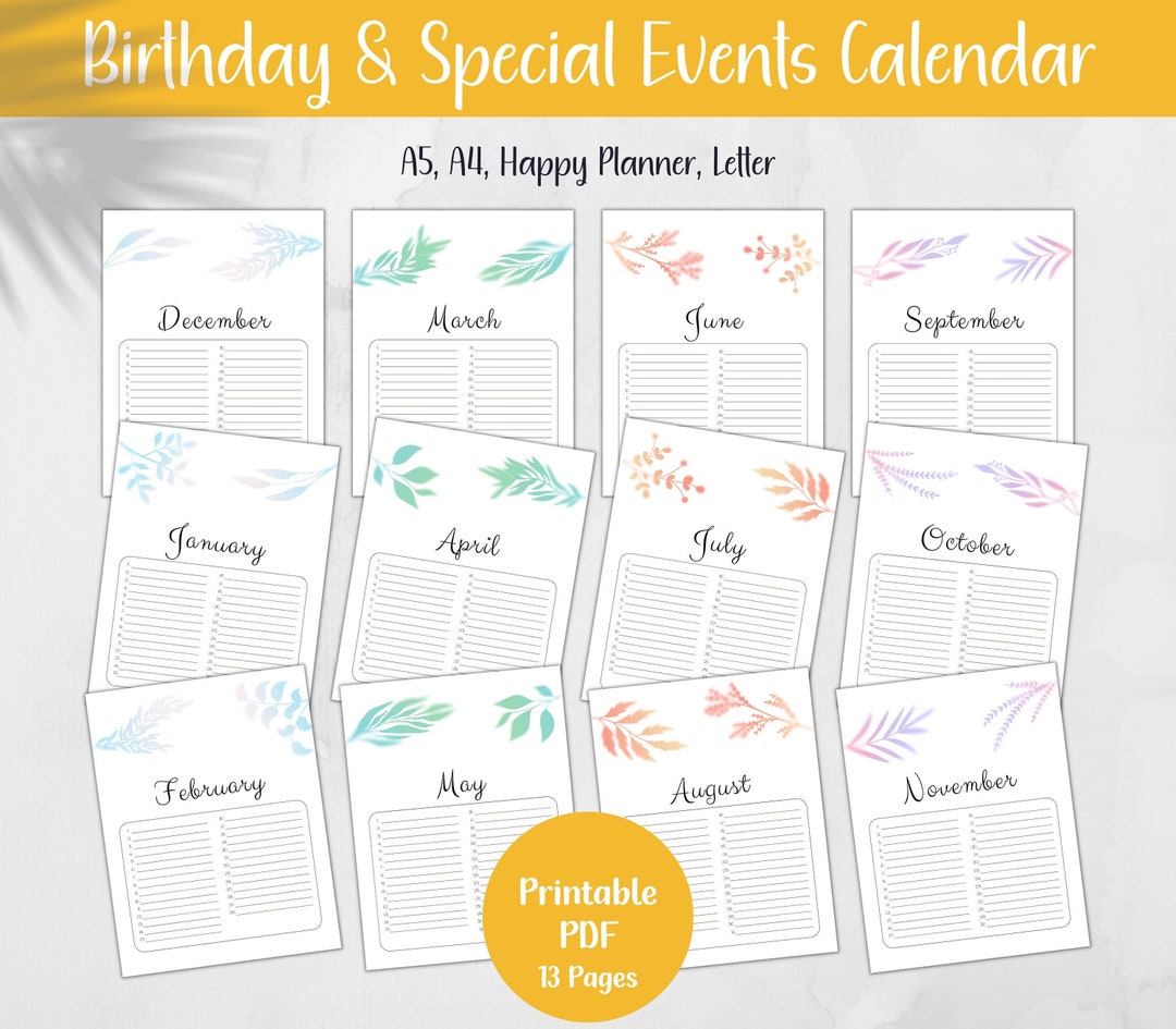 Perpetual Birthday Calendar Printable, Special Events Register ...