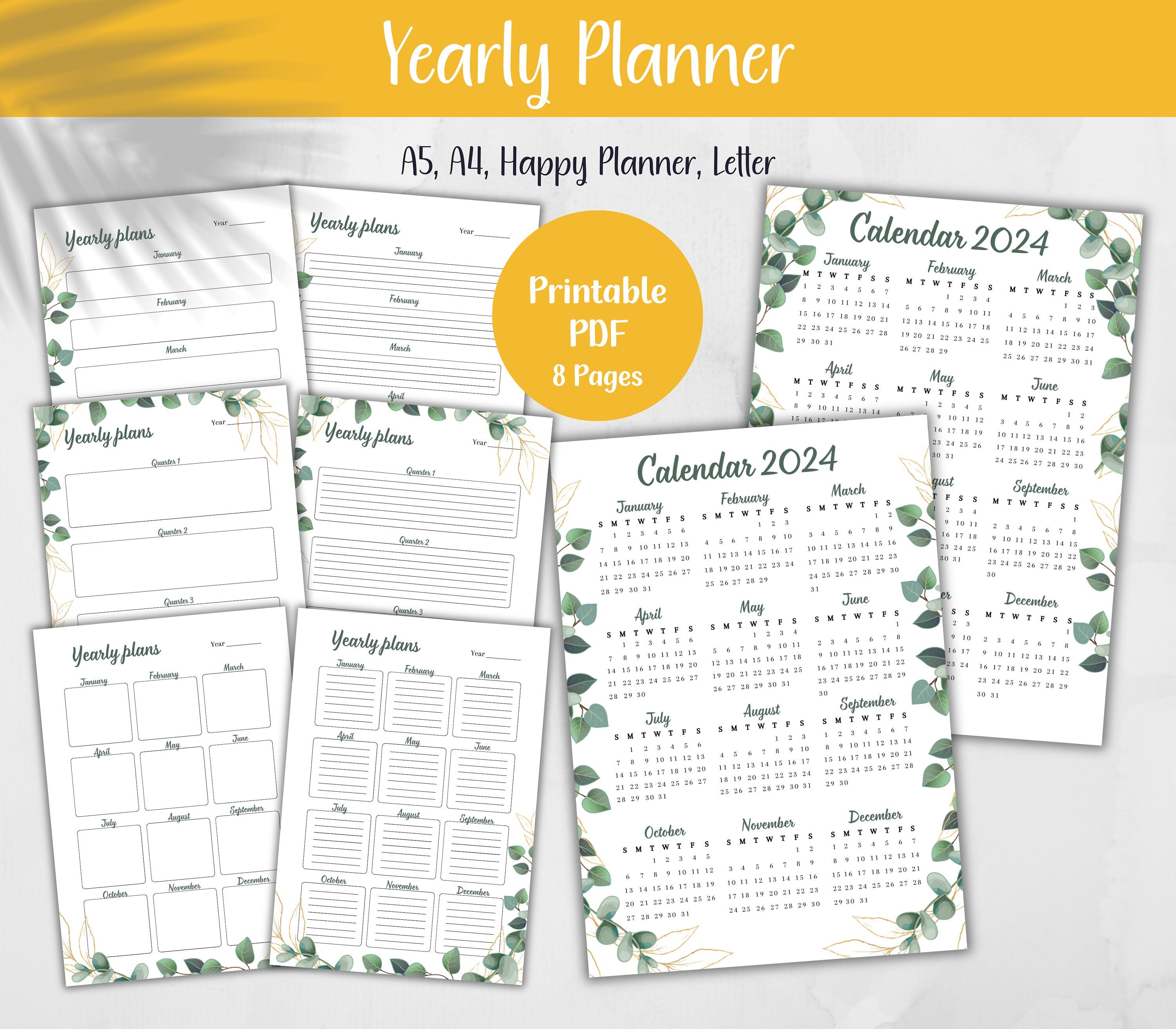 Printable Yearly Plans, Quarterly Goals, 2024 Year at a Glance, Year ...