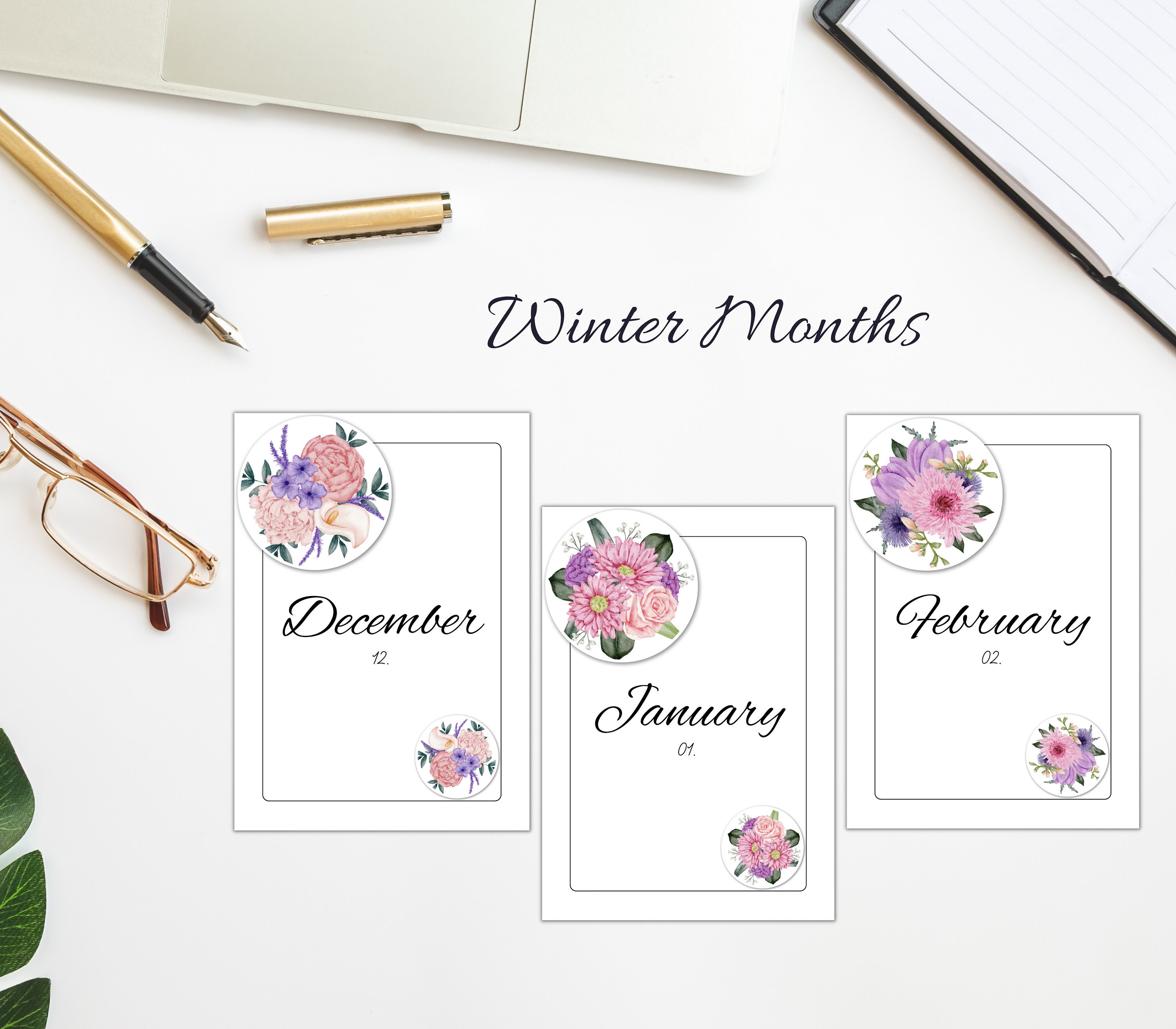 Printable Watercolor Monthly Dashboards, Planner Pages, Flowers ...