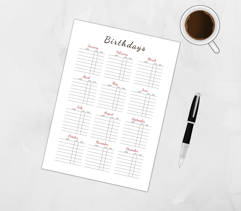 Birthday Tracker Printable Planner, Birthday Organizer, Birthday ...