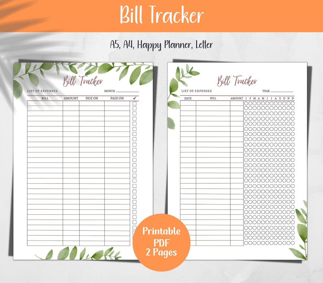 Printable Bill Tracker Planner Inserts, Monthly & Yearly Bill Records ...