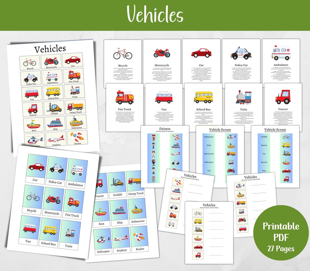 Printable Vehicle Bundle, Kids Activity, Learning About Vehicles ...