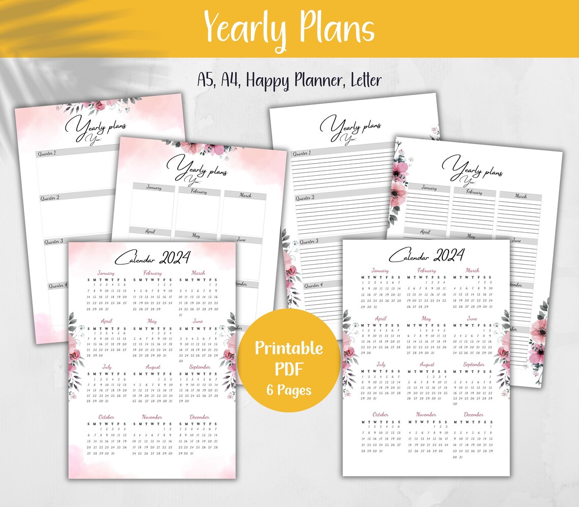 Printable Yearly Planner, Quarterly Tasks & Goals, 2024 Year at a ...