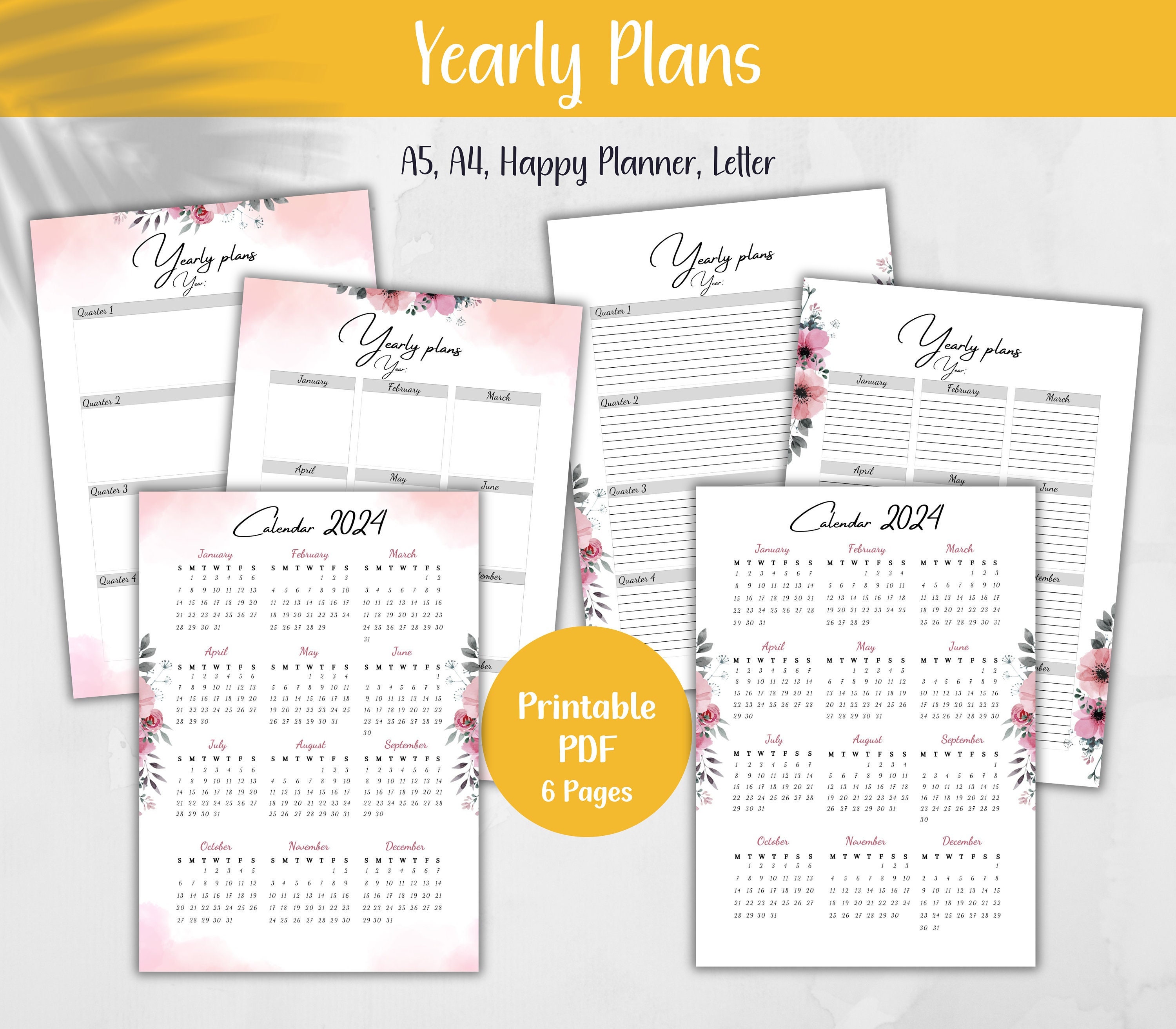 Printable Yearly Planner, Quarterly Tasks & Goals, 2024 Year at a ...