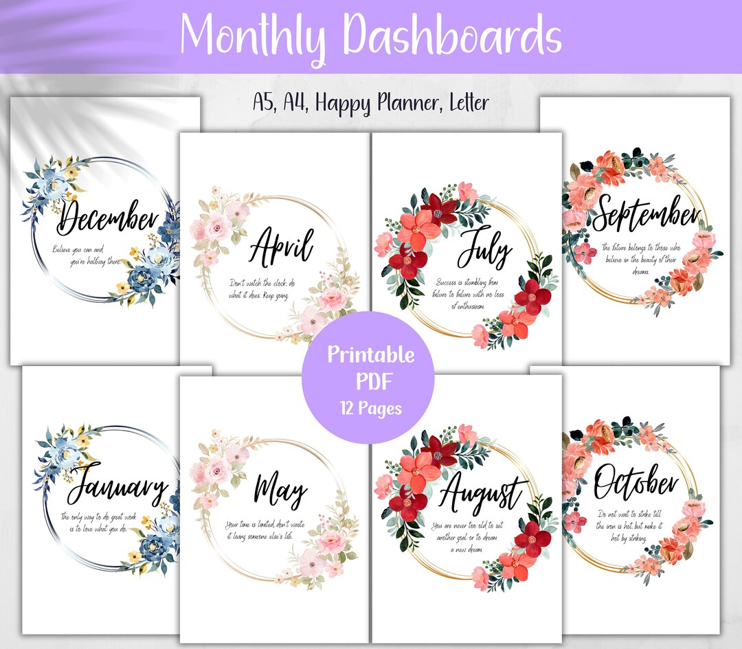 Printable Monthly Dashboards, Monthly Inserts, Inspirational Cover ...