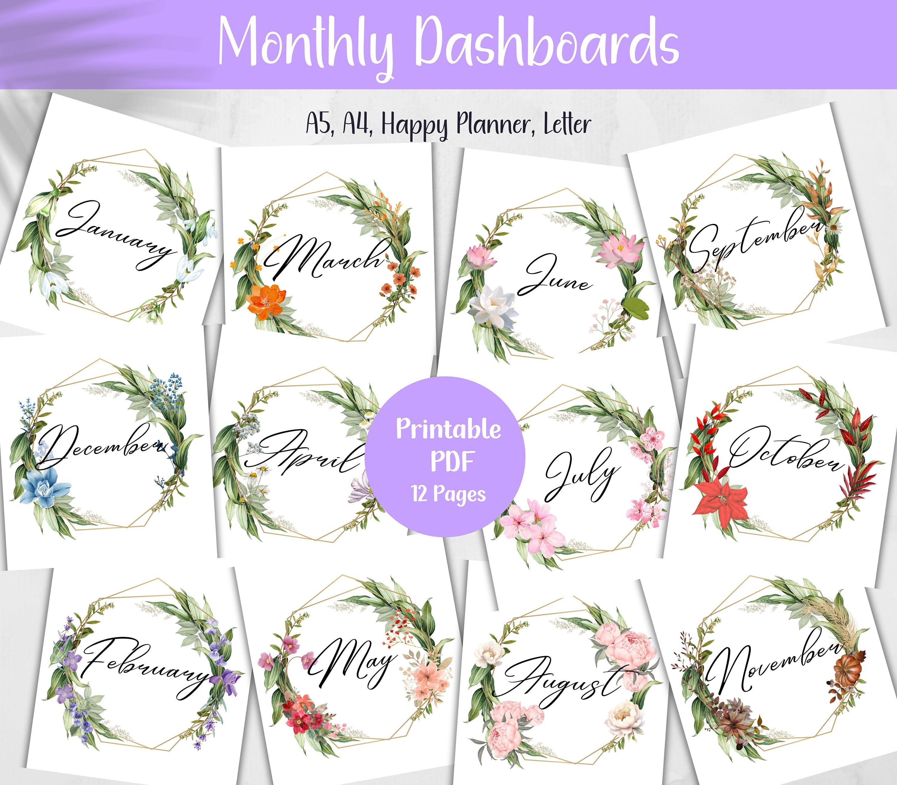 Printable Monthly Covers, Flower Dashboards, Monthly Inserts, Flower ...