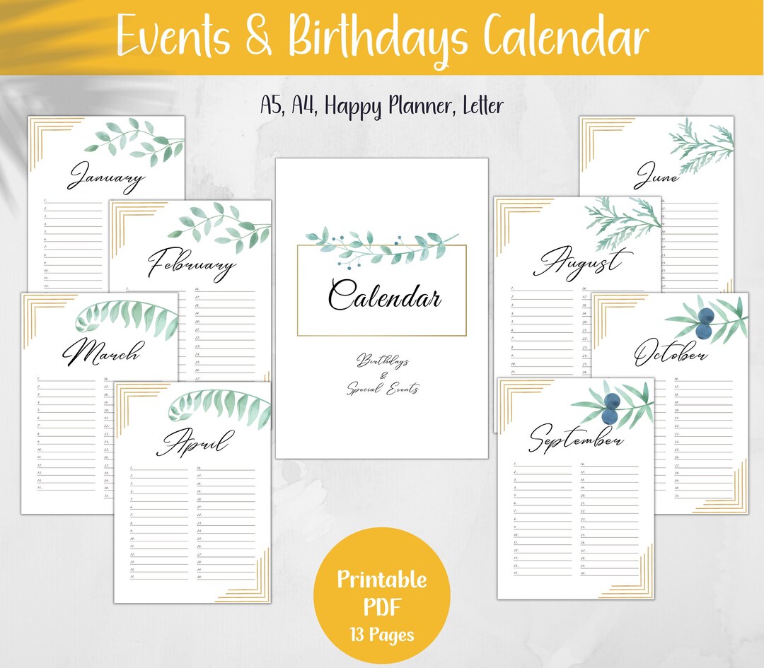 Printable Perpetual Event Calendar, Special Events Register, Monthly ...