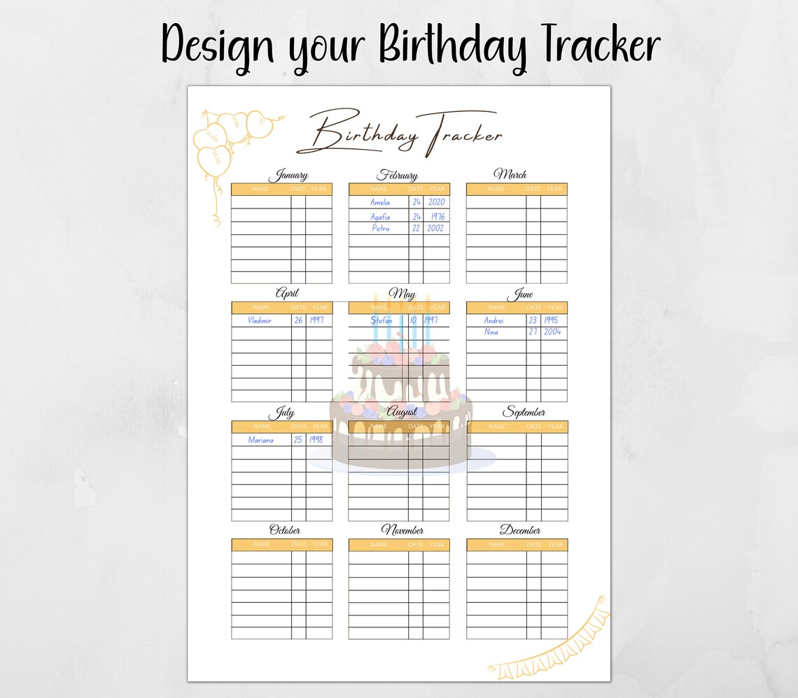 Birthday Tracker Printable Birthday Organizer Birthday - Etsy