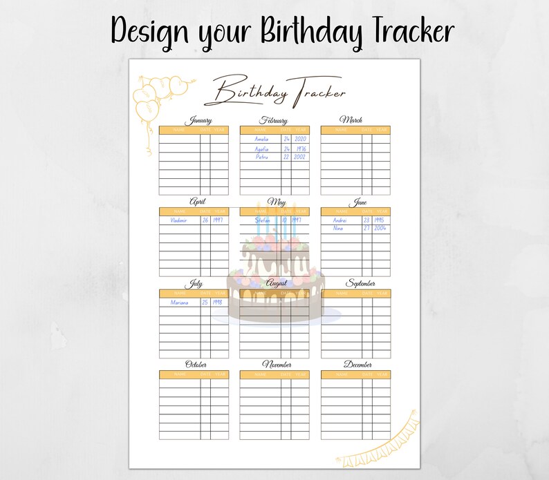Birthday Tracker Printable Birthday Organizer Birthday - Etsy