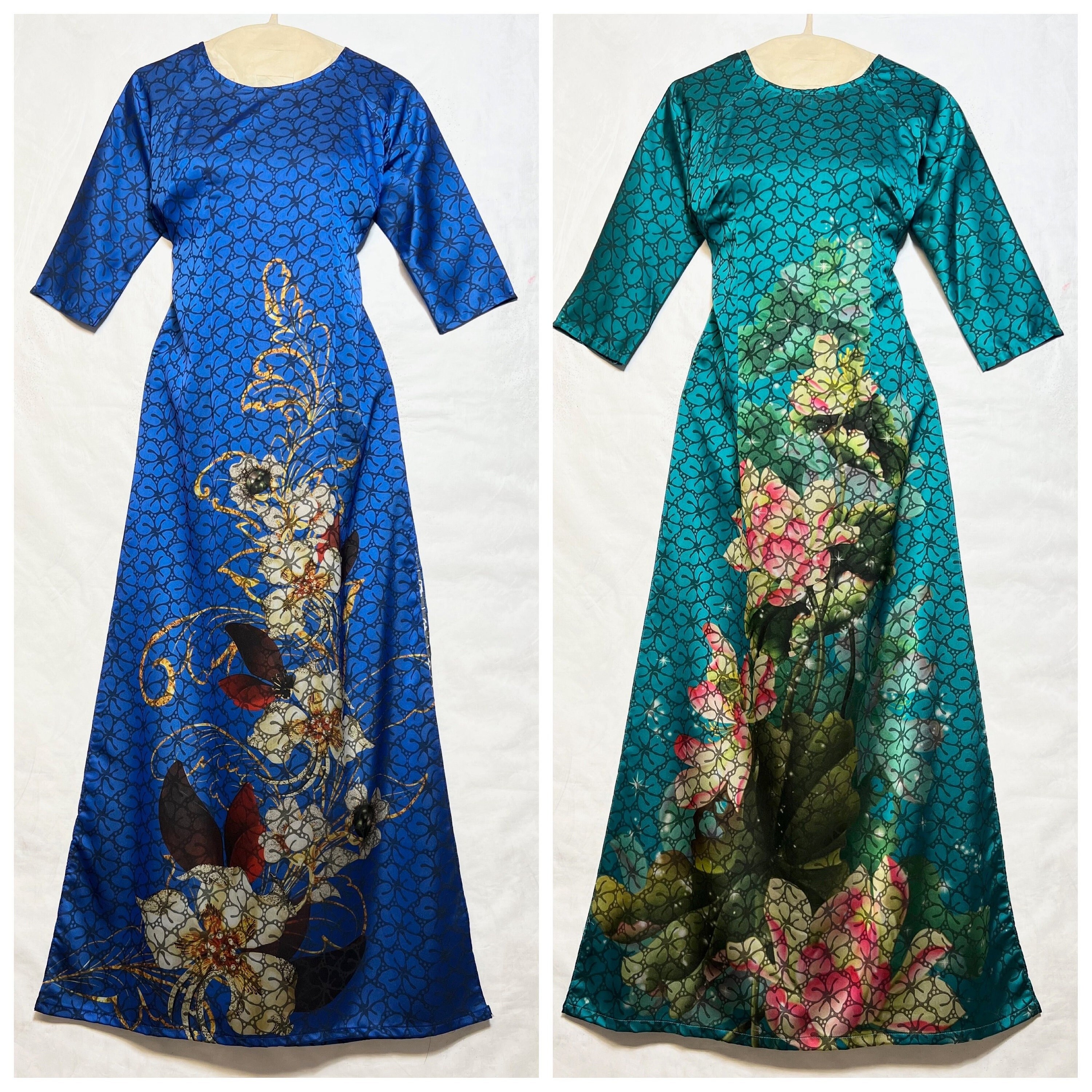 Blue Green Ao Dai Lua Satin Dày 2 Da Mềm Rũ Size L XL 5XL Dài áo 142cm Cổ Tròn Ao Dai Viet Nam ...