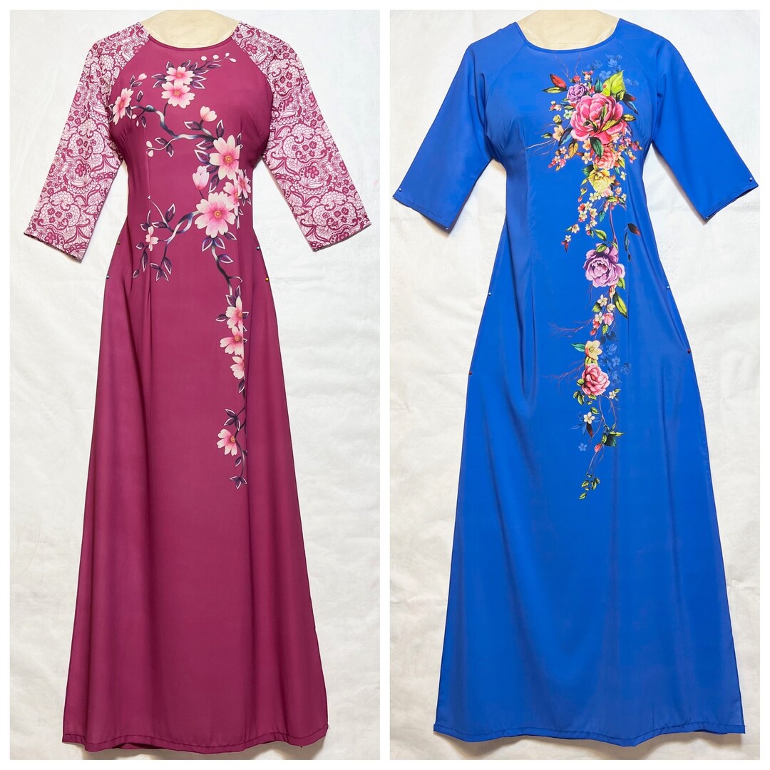 Blue Pink Ao Dai Lua Thai Tuan Mềm Rũ S L XL Cổ Tròn Ao Dai Viet Nam ...