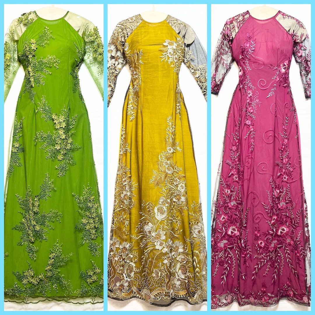 Ao Dai Ren Thượng Hạng 4 Tà Lót Chiffon Hoa Nổi Dài áo 154cm Cổ Tròn Ao ...