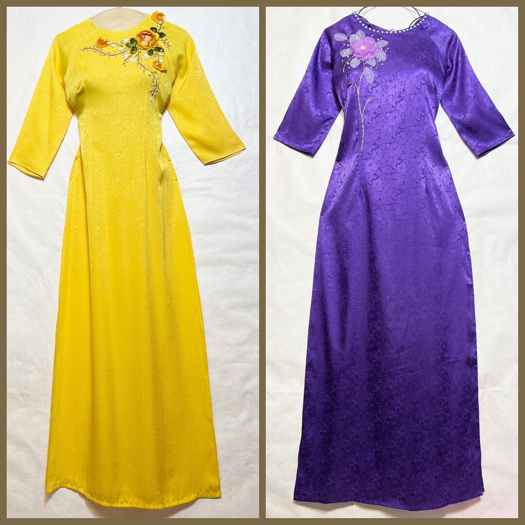 Ao Dai Tet Ao Dai Lua Gam Thai Tuan Mềm Rũ Dài áo 145cm Hoa Nổi Cổ Tròn ...