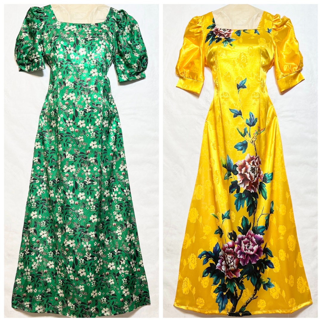 Green Yellow Ao Dai Lua Gam Thai Tuan Day Mềm Rũ XL Cổ Vuông Ao Dai ...