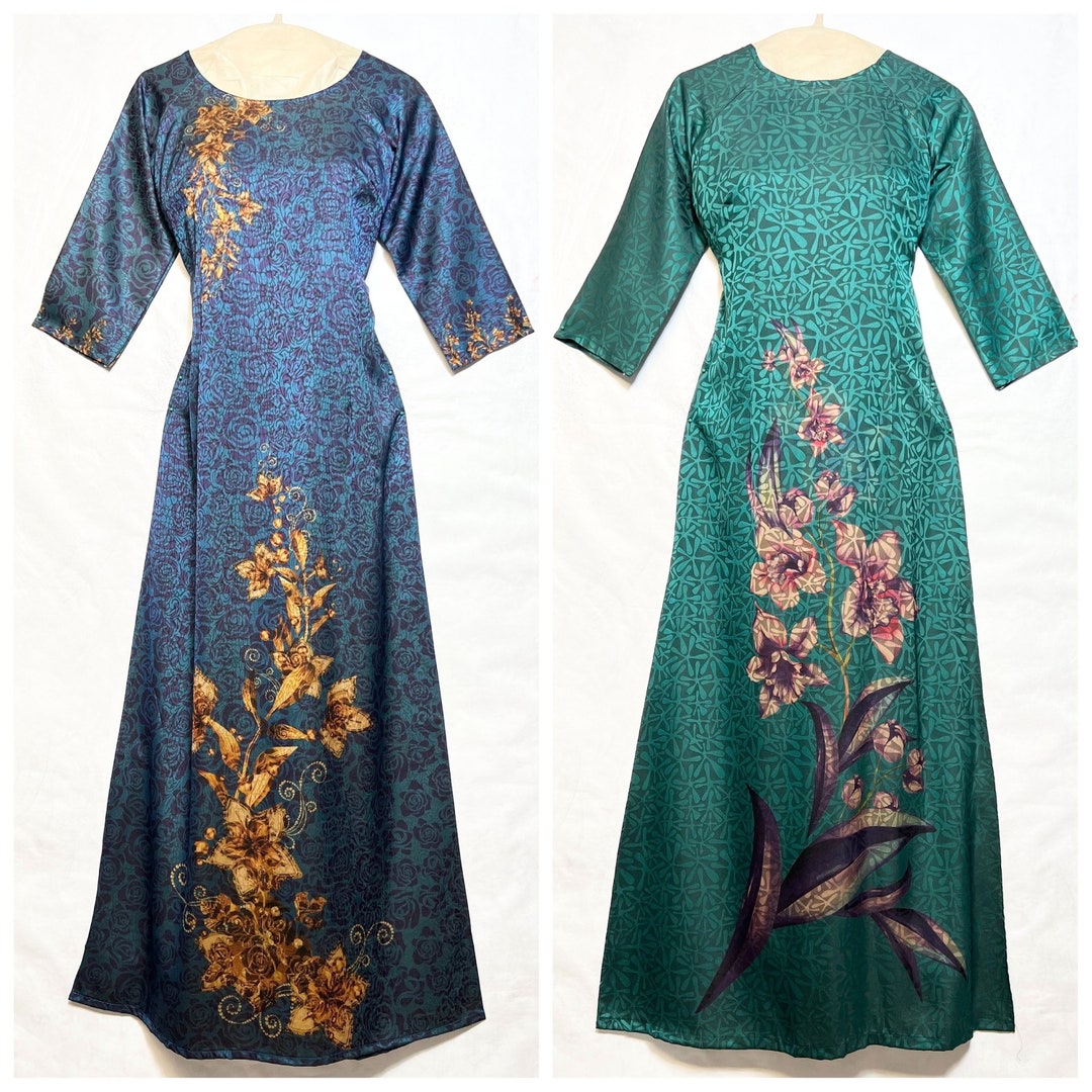 Blue Green Ao Dai Lua Satin 2 Da Dày Mềm Rũ Size L 4XL Dài áo 144cm Cổ ...