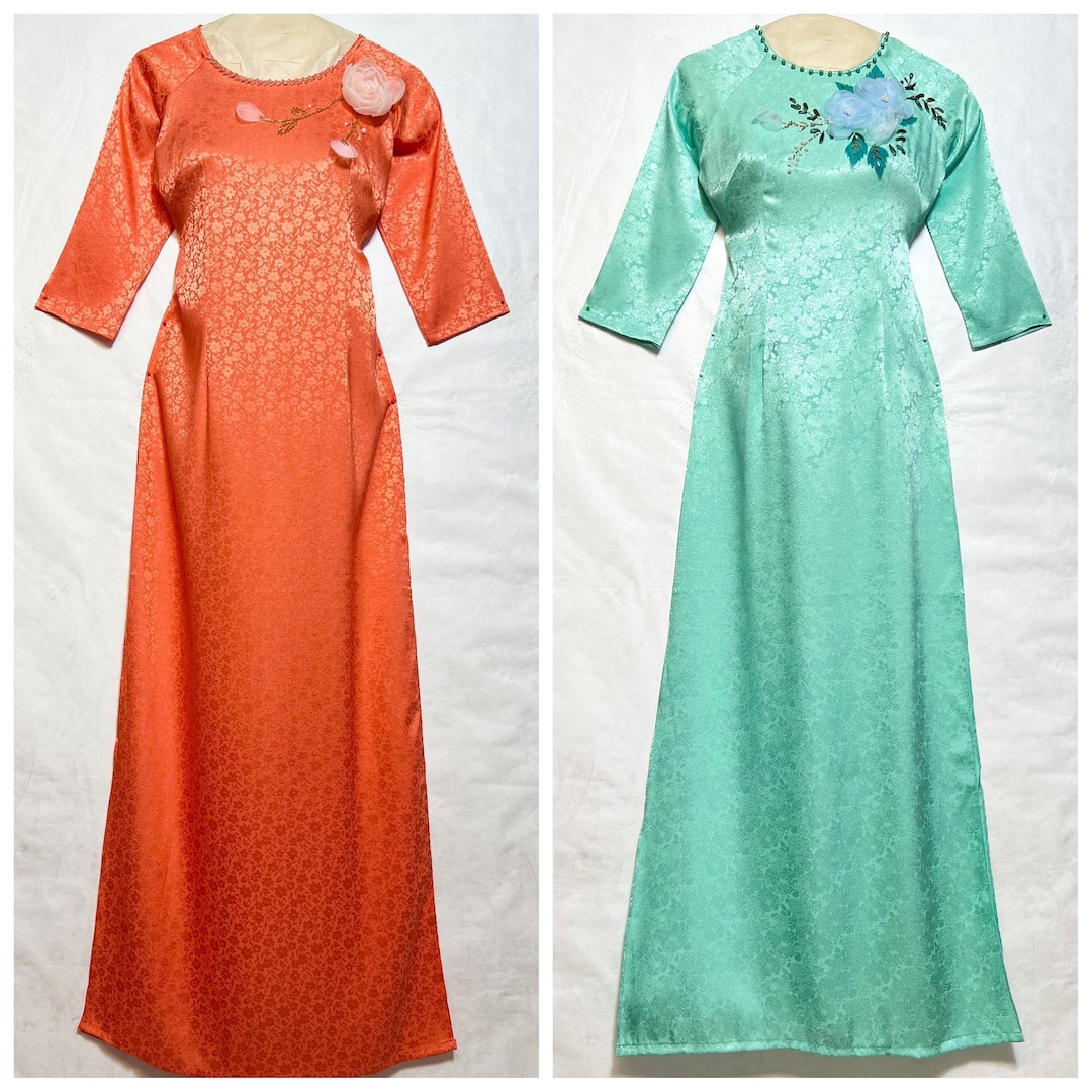 Green Orange Ao Dai Lua Gam Thai Tuan Thêu S 2XL Dài áo 145cm Cổ Tròn ...
