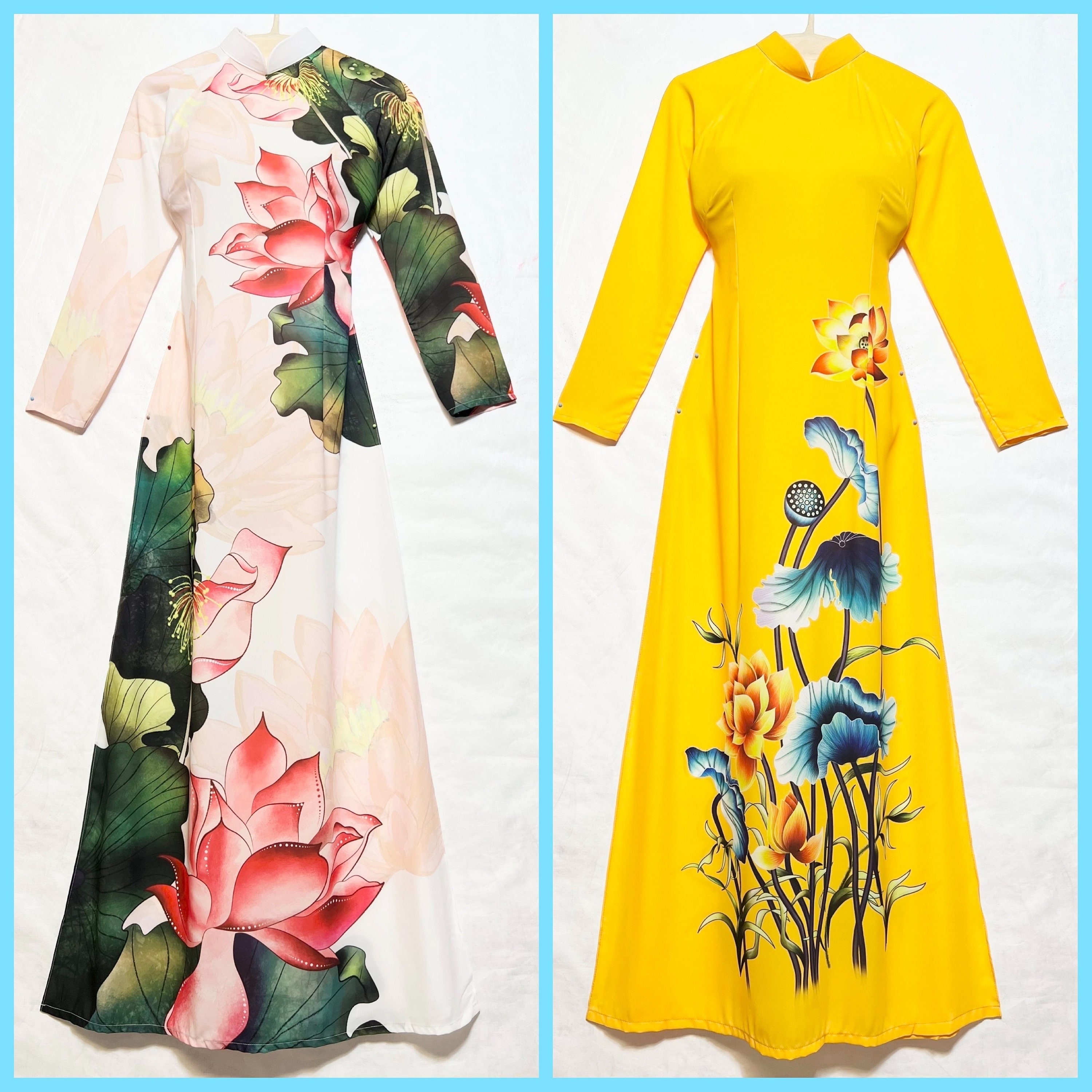 Yellow White Ao Dai Lua Thai Tuan Mềm Rũ Size M L XL Dài áo 147cm Cổ ...