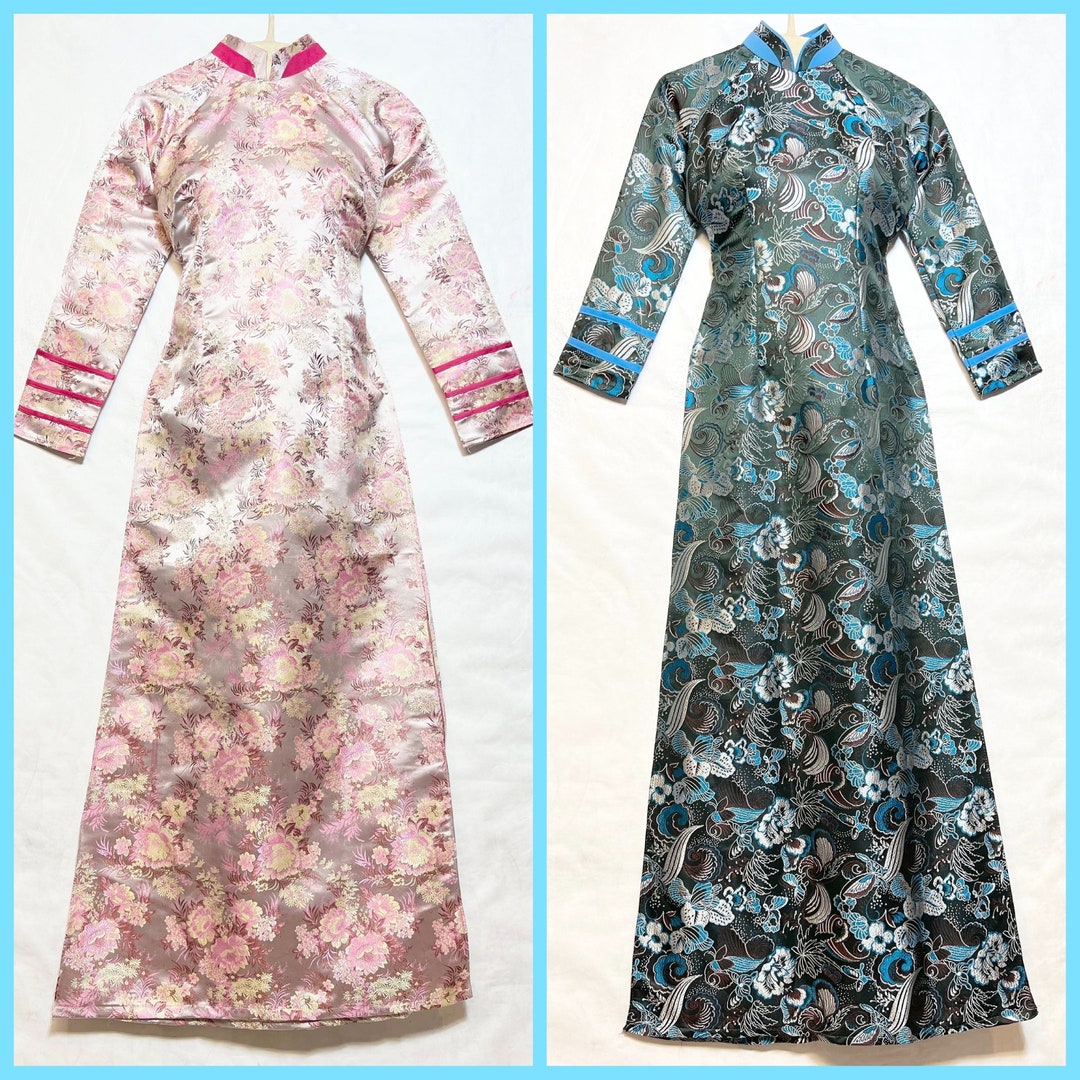 Green Pink Brocade Ao Dai Gam Thương Hai Thượng Hạng Size XL Dài áo ...