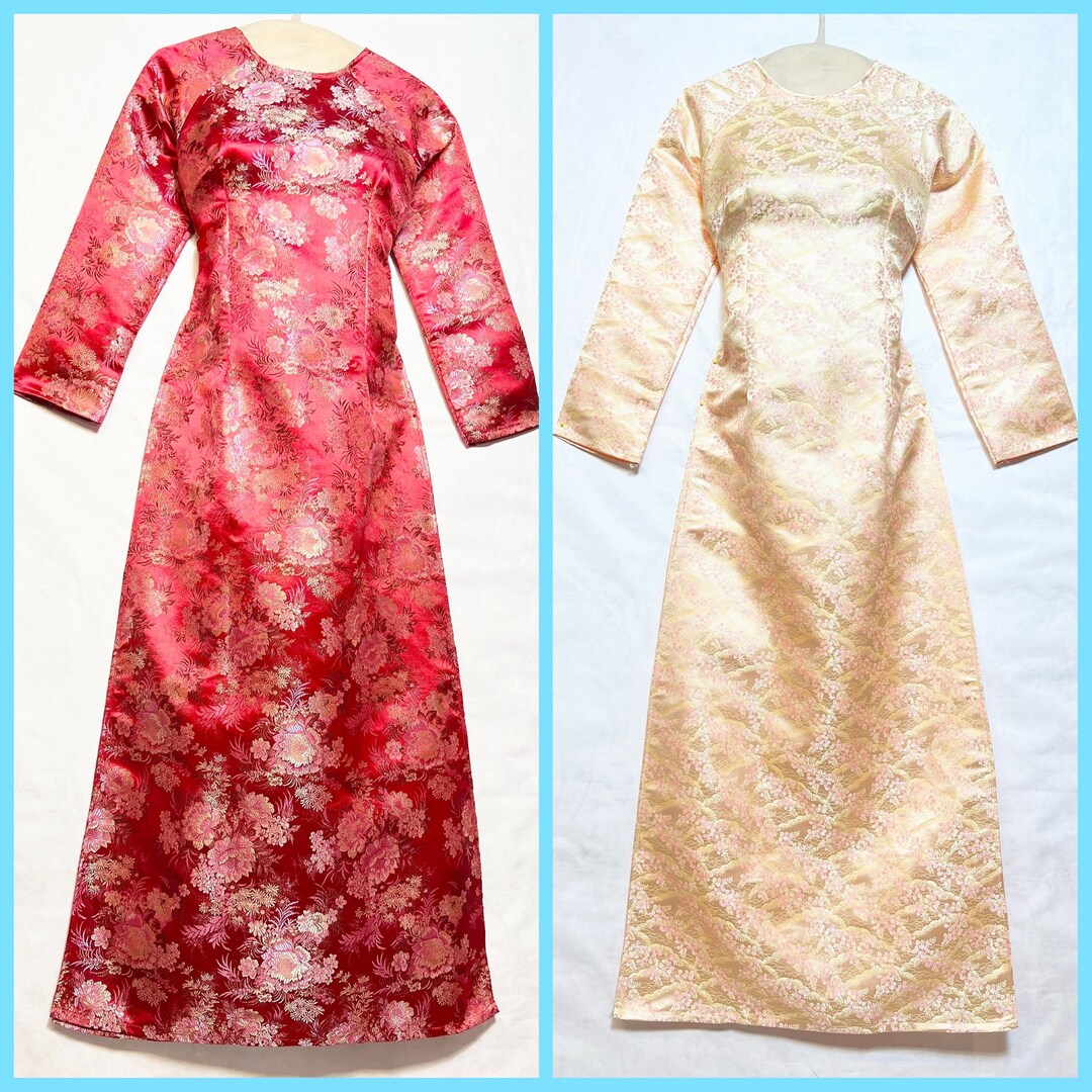 Red Yellow Brocade Ao Dai Gam Thương Hai Thượng Hạng Size XL Dài áo 142cm Cổ Tròn Ao Dai Viet ...