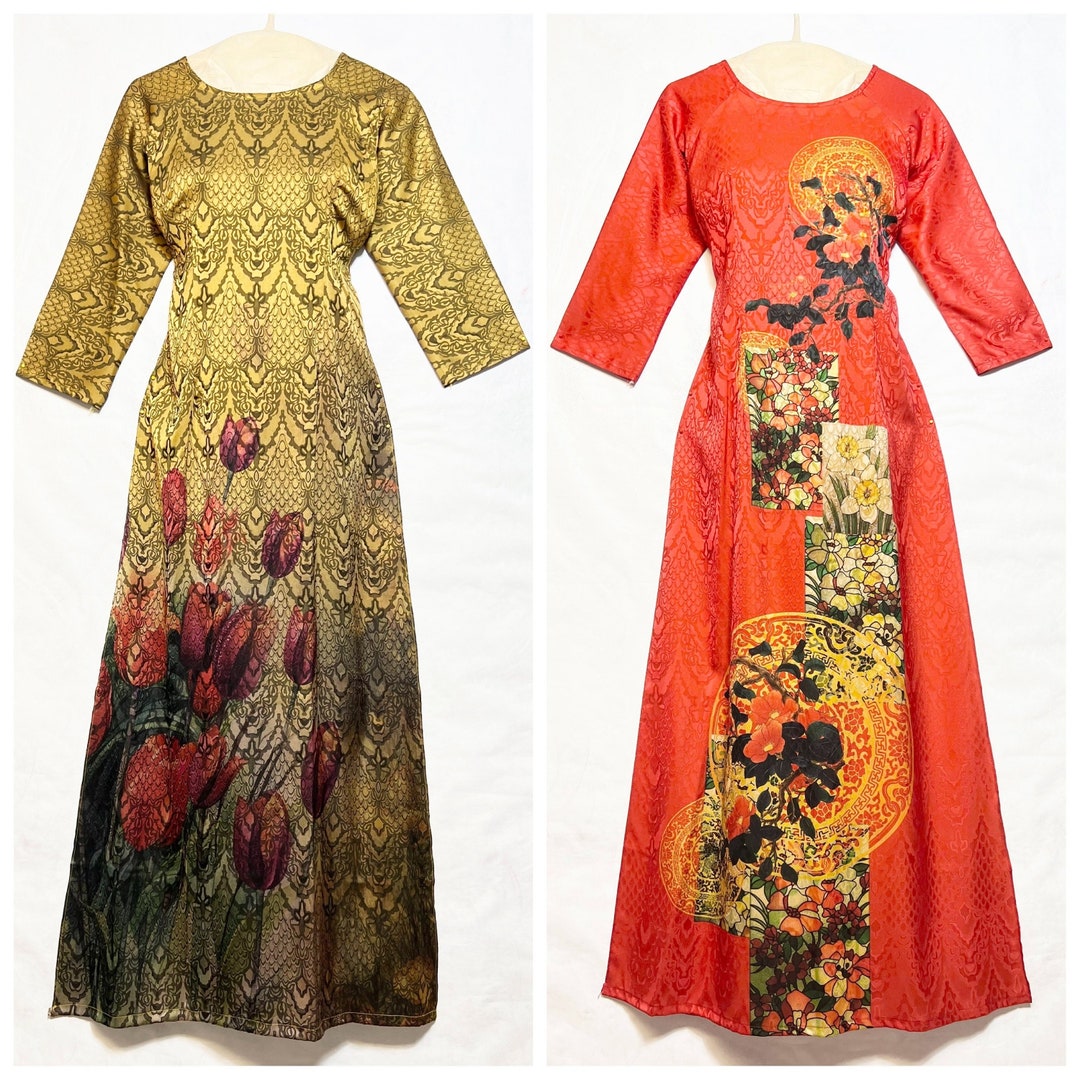 Orange Yellow Ao Dao Lua Gam Đông Hưng Mềm Rũ Size XL 2XL Dài áo 146cm ...